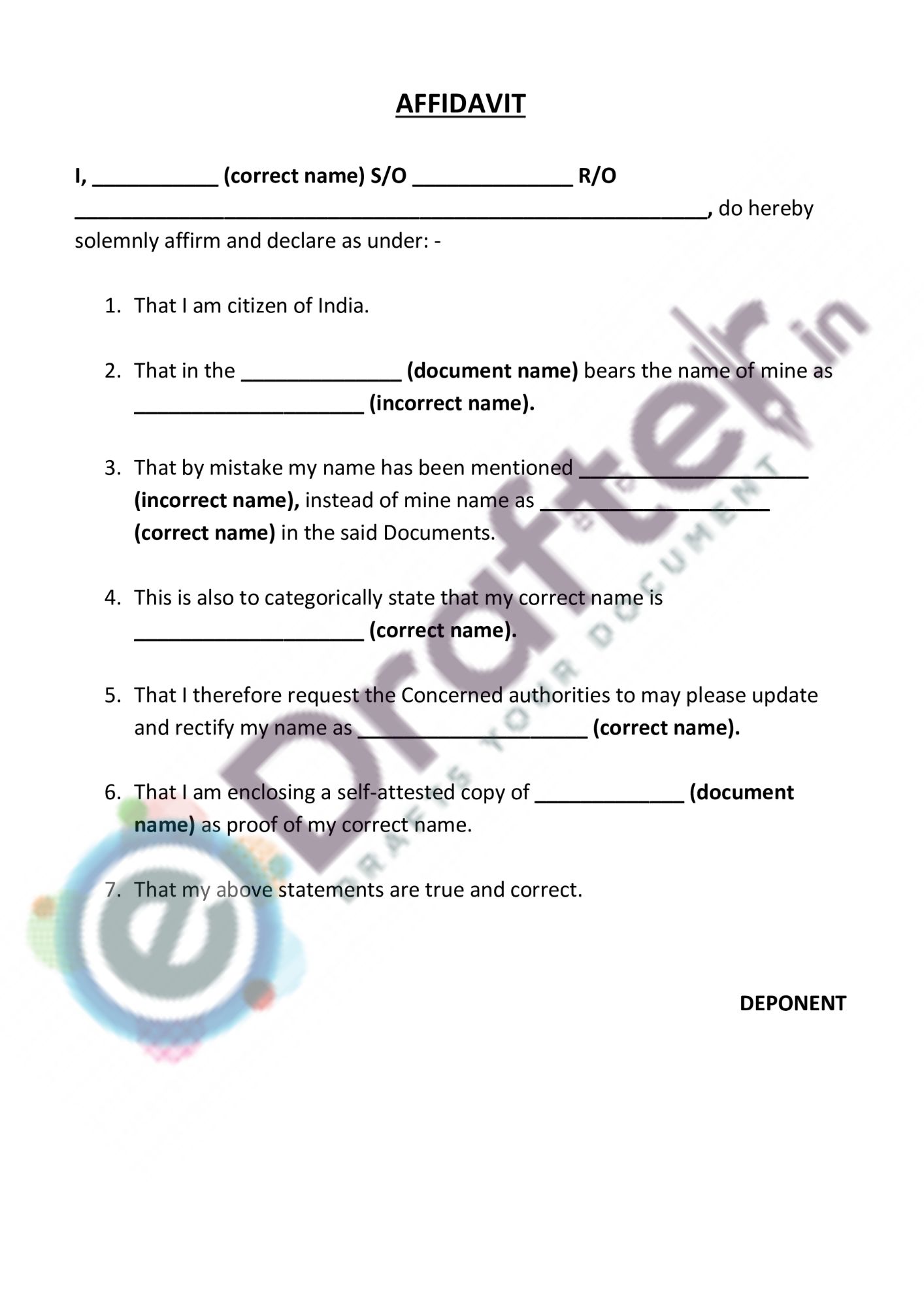 Name Correction Affidavit | Get it online - eDrafter.in