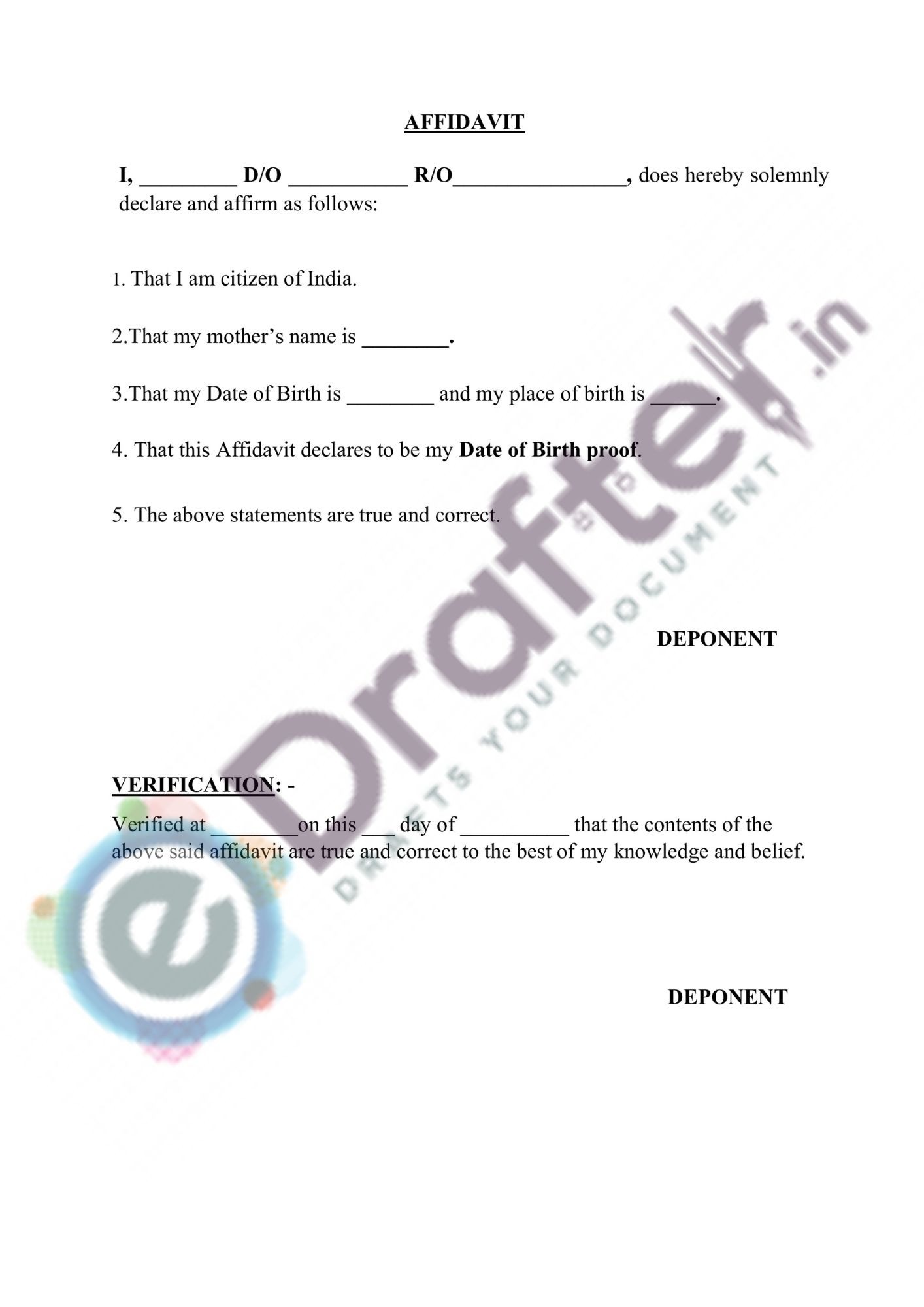 Proof of Date of Birth Affidavit Online|Create Affidavit Online ...